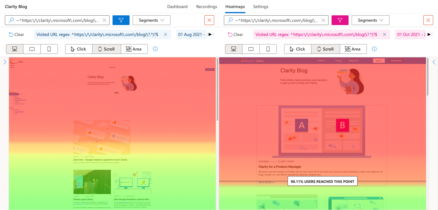 See two heatmaps side-by-side with Compare mode - Microsoft Clarity Blog